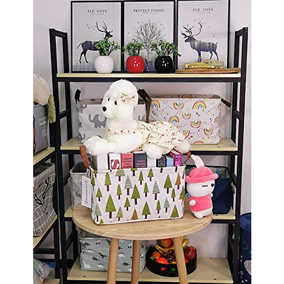 QUEENLALA Rectangular Laundry Hamper/Foldable Nursery Laundry Basket for Organizing/Storage Bin Baskets/Children Toy Office Bedroom/Toy Bin Closet Shelf Baskets（Rec-Green forest）