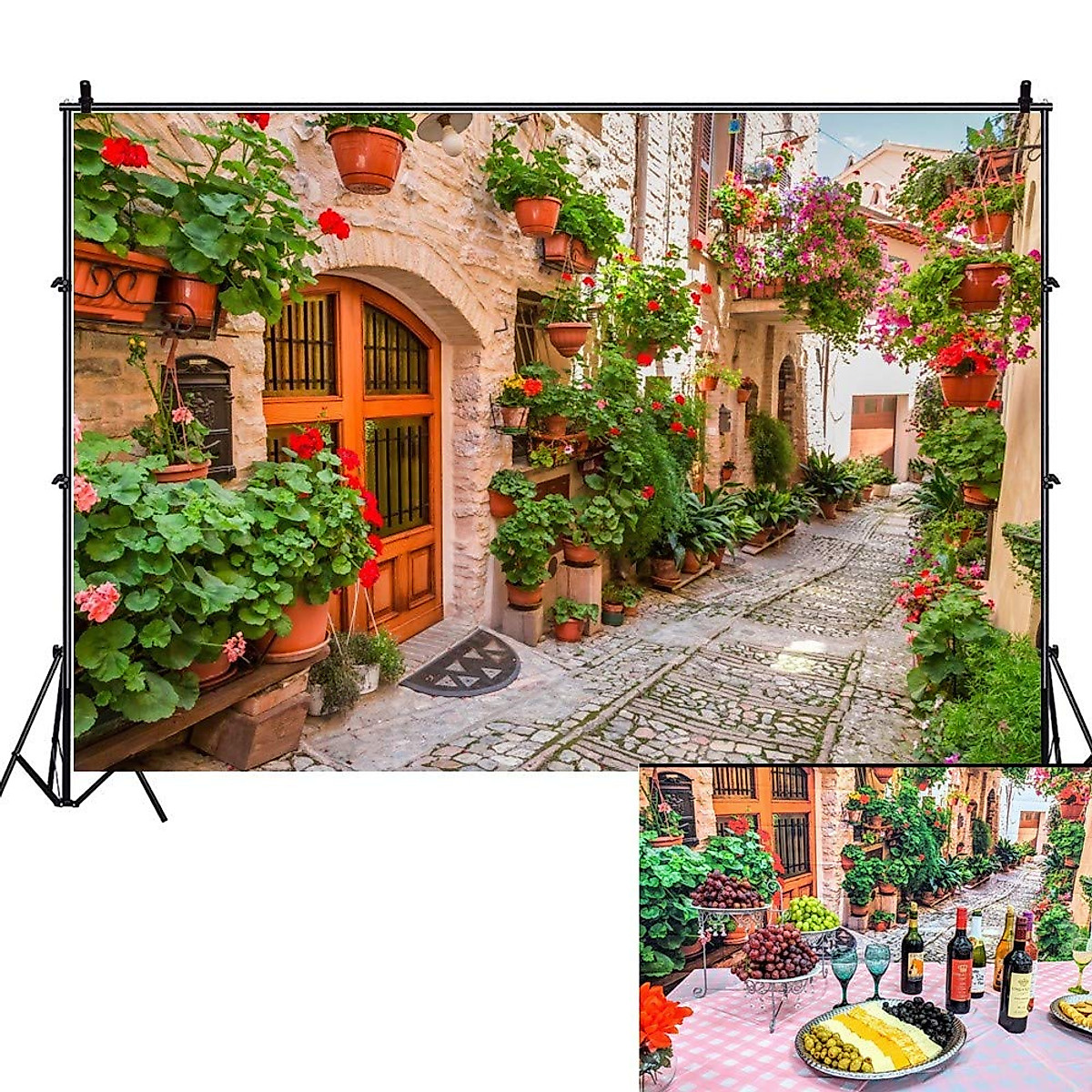 OFILA Italy Old Street Backdrop 10x6.5ft Flowers Towns in Italy Backdrop Umbria Spello Town Italian Themed Birthday Party Backdrop Medieval Village Photos Travel Pictures Backdrop Narrow Alley Photos