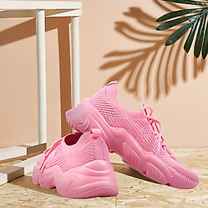 Hasina Womens Walking Shoes Slip On Mesh White and Hot Pink Sneakers Lightweight Breathable Comfortable Casual Running Shoes （Pink,8.5）