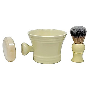 G.B.S Heavy Duty Ceramic Ivory Shaving Set - Mug with Knob Handle, Faux Ivory Handle Shaving Brush and Natural Shave Soap