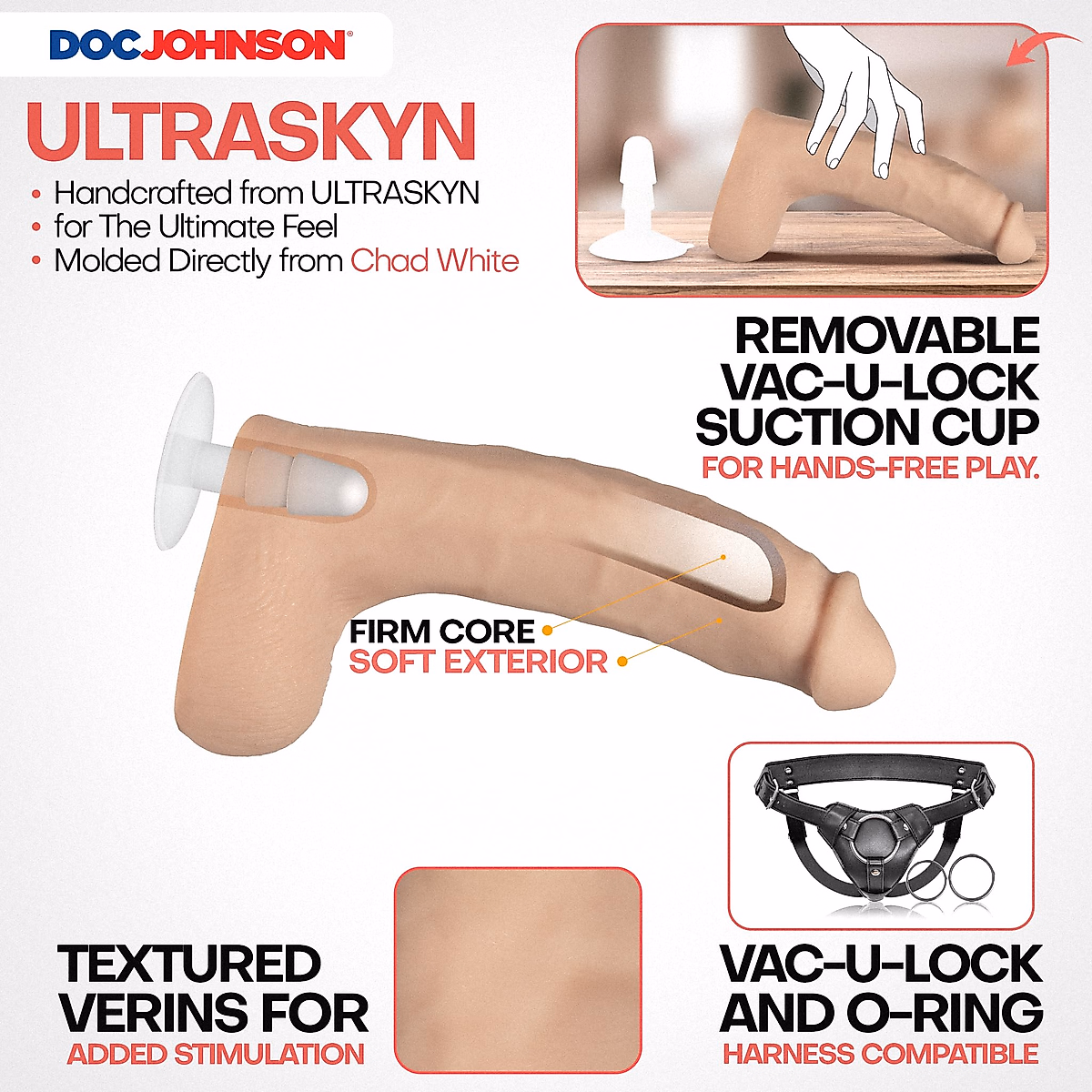 Doc Johnson Signature Series - Chad White - 8.5 Inch Realistic ULTRASKYN Dildo with Removable Vac-U-Lock Suction Cup - F-Machine & Harness Compatible, for Adults Only, Vanilla
