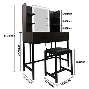 JIFULI Vanity Desk with Mirror and Lights, White Makeup Vanity with Lights and Power Strip, Vanity Mirror with Lights Desk and Chair, 3 Lighting Colors