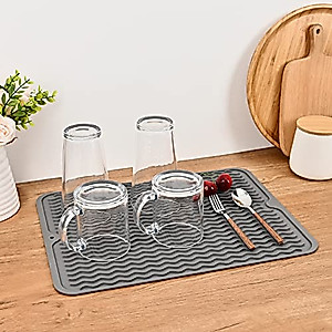 Elyum Dish Drying Mat, Silicone Drying Mat Heat Resistant Dish Mat Non-Slip Easy Clean Drying Mats for Kitchen Counter Sink(16" x 12'', Gray)