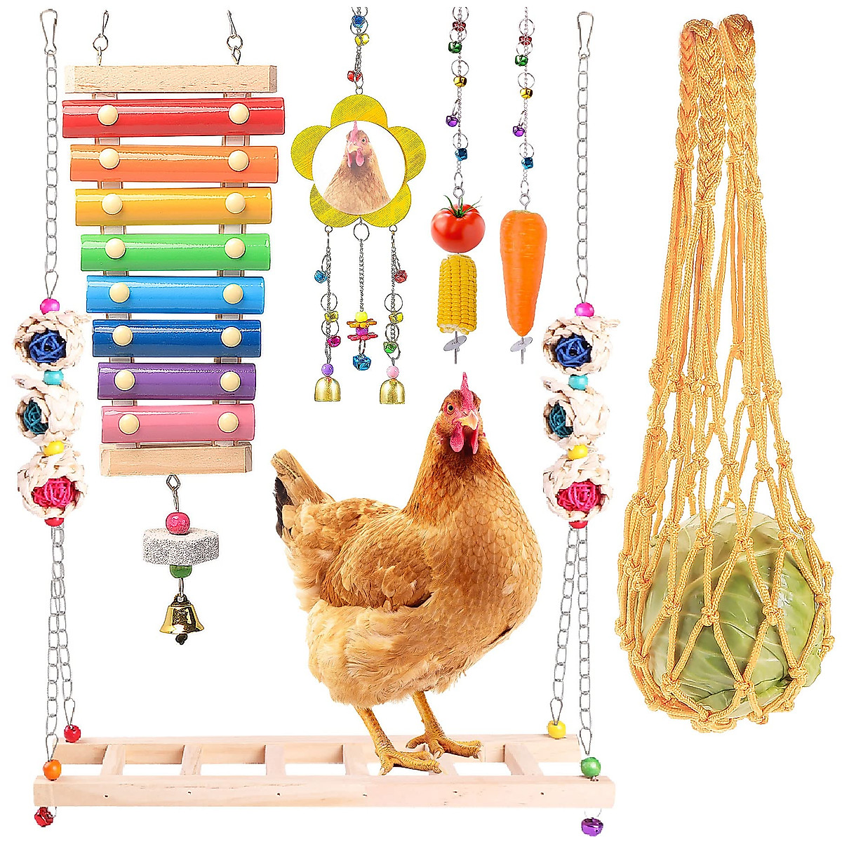 KAKUNM Chicken Toys for Coop Accessories 6PCS | Chicken Swing | Chicken Xylophone | Chicken Mirror Toy | Chicken Vegetable String Bag and Hanging Feeder