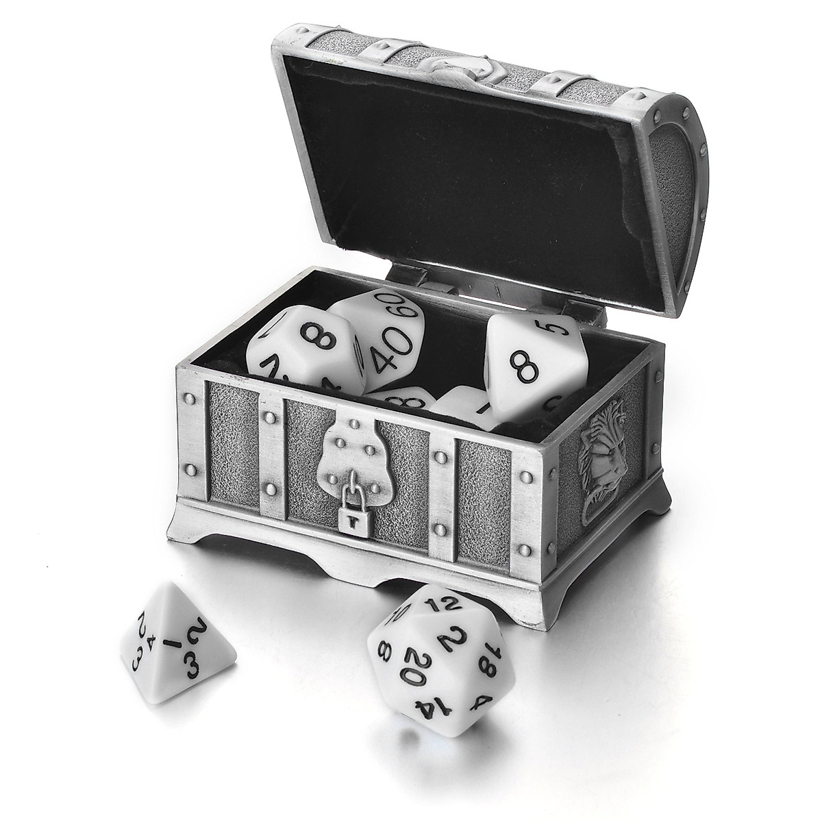 REINDEAR 7 Die Polyhedral Role Playing Game Dice Set with Treasure Chest Dice Container (White)
