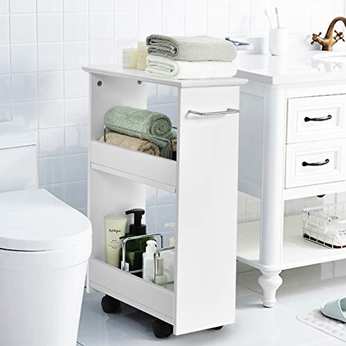Tangkula Slim Bathroom Storage Shelves, Wooden Rolling Storage Cabinet w/ 3-Tier Shelves, Lockable Wheel, Towel Bar, Side Storage Organizer for Kitchen, Bathroom, Laundry, 18 x 8 x 25.5 inches (White)