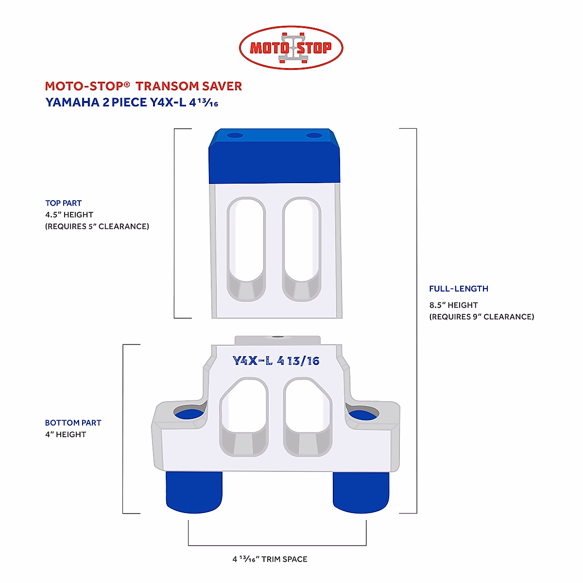 MOTO-STOP transom saver 4 13/16" Trim Rod Spacing skeleton - 2 piece. For motors with 2 trim rods, kit includes steering clips and a canvas bag.