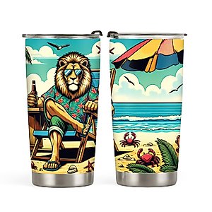 ORCAE 20oz Lion Coffee Tumbler for Men, Coffee Thermos for Men, Retro Vintage Funny Summer Ocean Beach Tumbler Cup, Stainless Steel Coffee Thermos Insulated Travel Mug with Lid - N