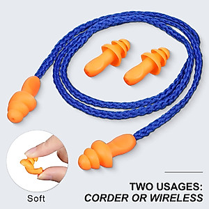 Tondiamo 200 Pairs Ear Plugs Reusable Silicone Earplugs with Cord Sleeping Individually Wrapped Hearing Protection Noise Cancelling Earplugs for Work Construction Shooting Sports(Blue, Orange)