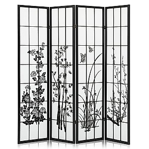 Magshion Folding Room Dividers 5.9ft 4-Panel Portable Room Separators Divider Wall, Oriental Ink Four Noble Ones Print Folding Room Dividers Freestanding Black Screen for Home Office