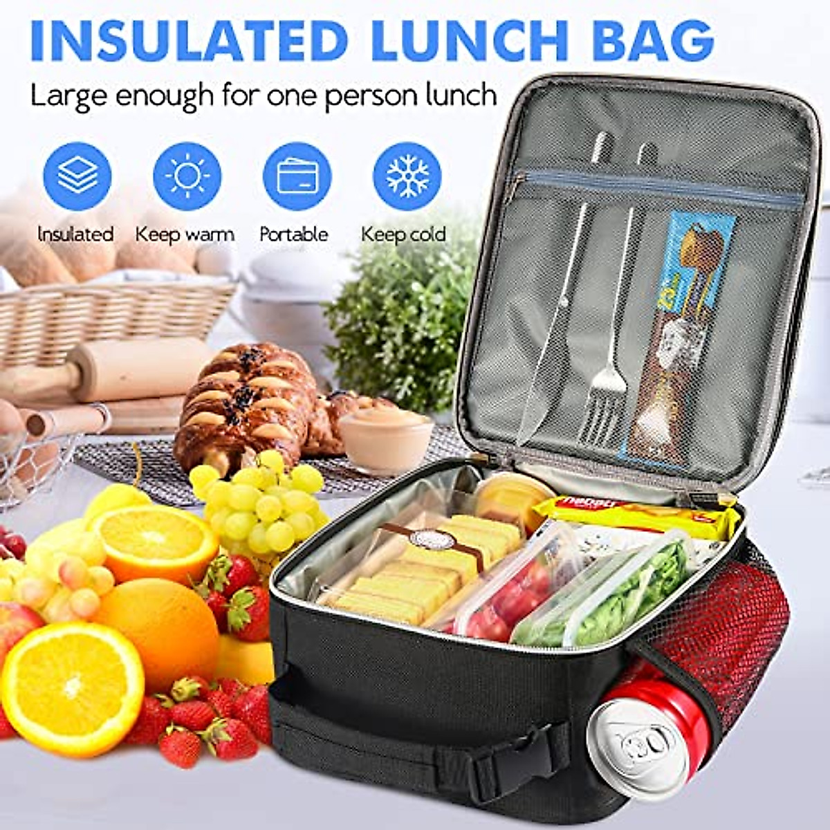Lunch Box Insulated Lunch Bag - Durable Small Lunch Bag Reusable Adults Tote Bag Lunch Box for Adult Men Women (Black with White)