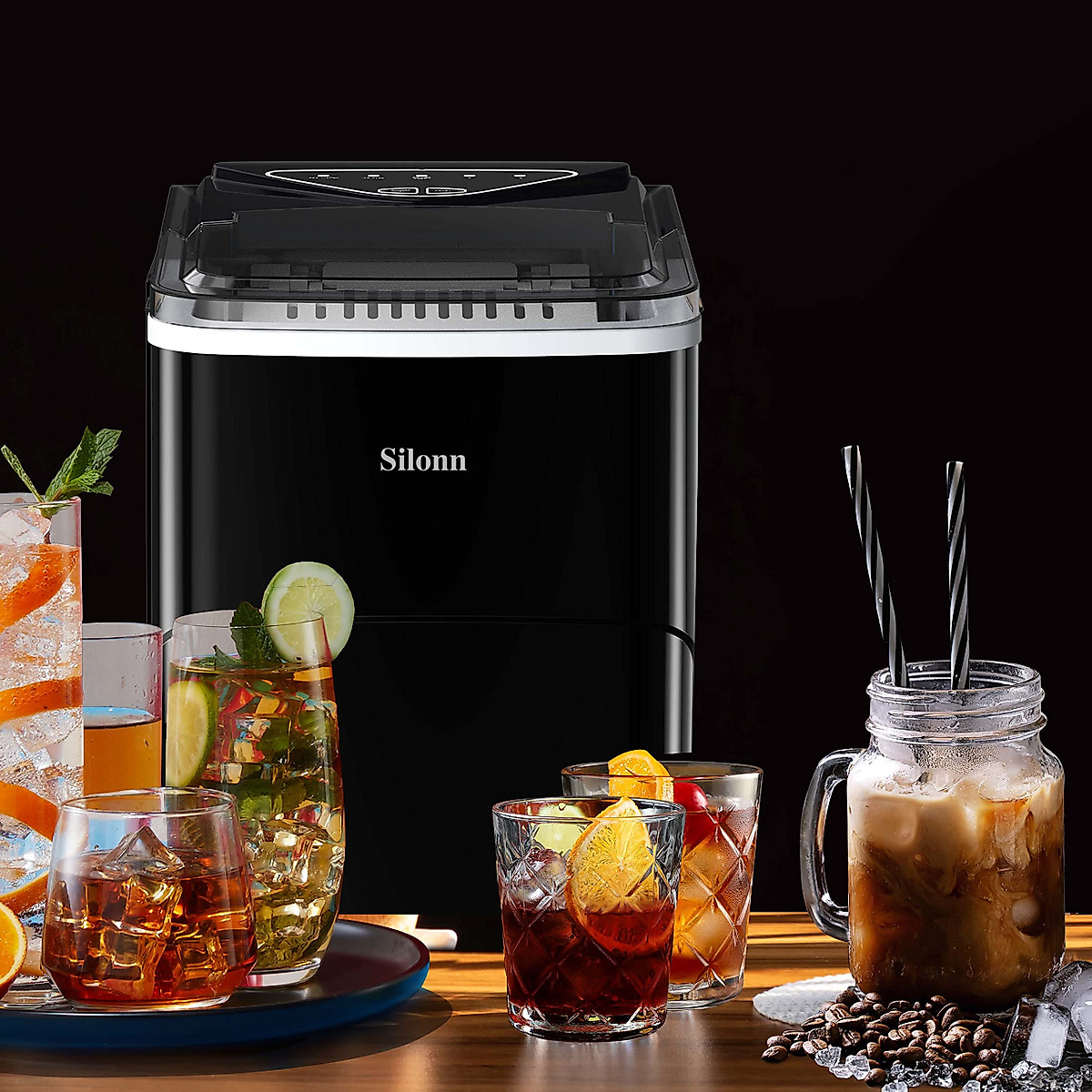 Silonn Countertop Ice Maker Machine, 26lbs in 24Hrs, Ice Cube Ready in 6-8 Mins, Self-Cleaning Ice Machine with Ice Scoop and Basket for Home Kitchen Office Bar Party