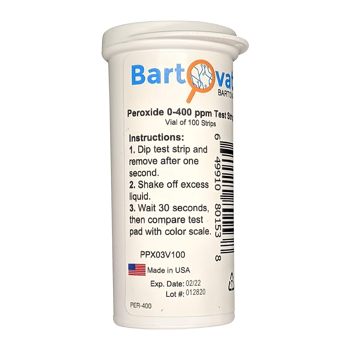 Hydrogen Peroxide H2O2 Test Strips, 0-400 ppm [Vial of 100 Strips]