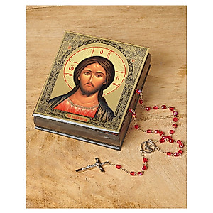 Needzo Jesus Christ Rosary Box Prayer Bead Jewelry Wooden Russian Icon Box, Keepsake Religious Gift 5 Inch