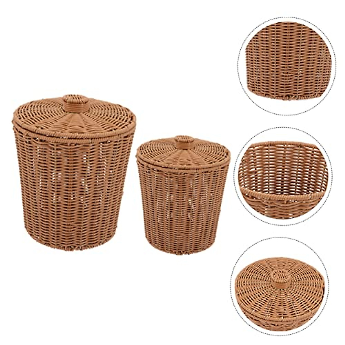 Yardwe 2pcs storage bucket with lid wicker storage basket seagrass plant pot paper waste basket woven flower pots small trash can wicker basket with lid rattan outdoor Iron office Toy