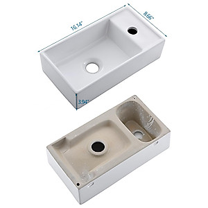 Wall Hung Basin Sink Small Cloakroom Basin Sink, Wall Mount Rectangle Ceramic Wash Basin Small Right Hand Vessl Bain Sink Set With Faucet&Drain For Bathroom
