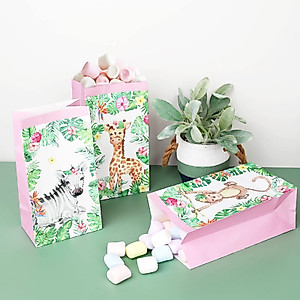 Safari Goodie Bags Jungle Party Favors Bags Pink Floral Wild Animals Treat Candy Gift Paper Bags with Thank You Stickers for Birthday Party Supplies Decorations Set of 24