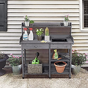 Topeakmart 45.2x17.7x47.6'' (LxWxH) Potting Benches Outdoor Garden Potting Table Work Bench with Removable Sink Drawer Rack Shelves Work Station, Gray