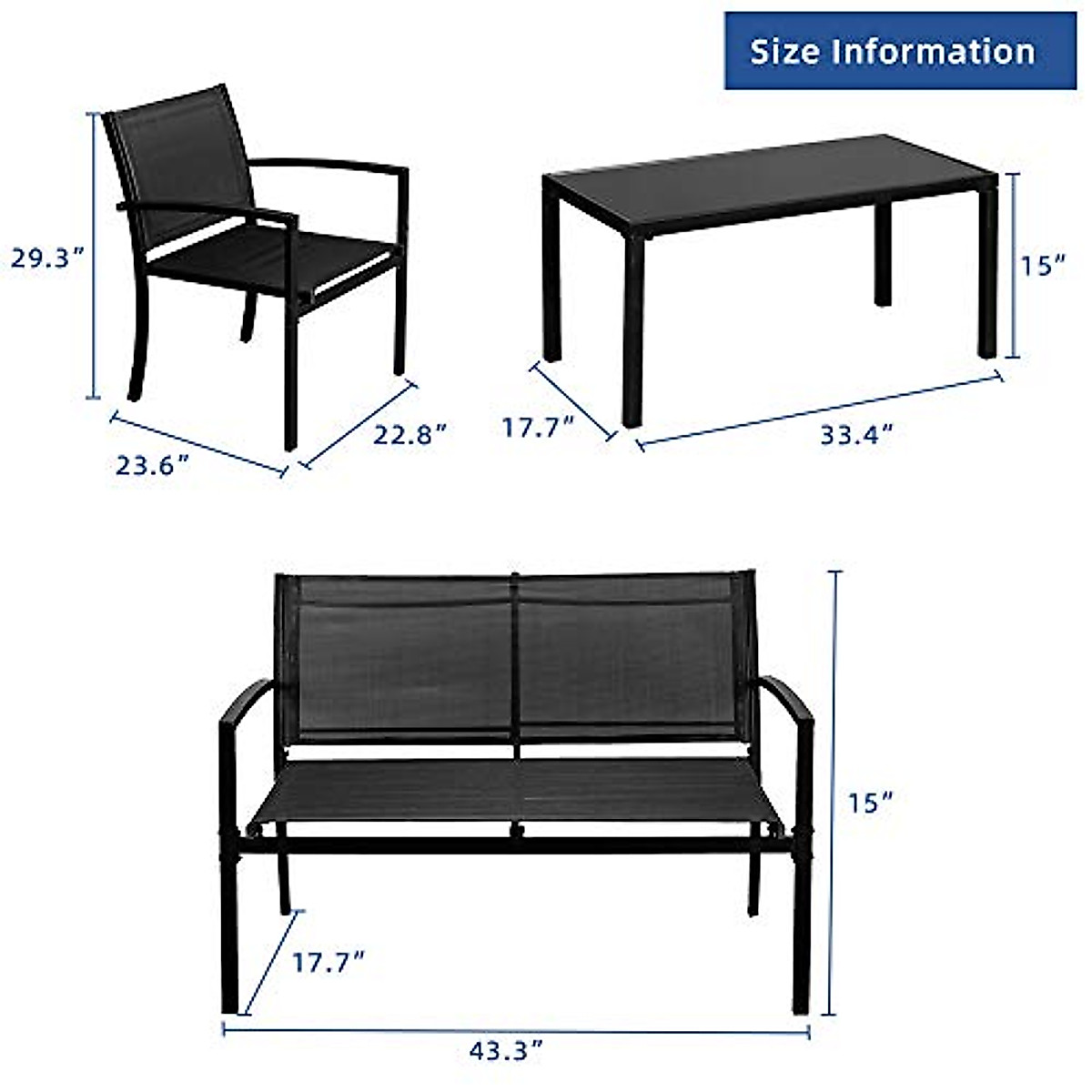 VINGLI 4 Pieces Patio Conversation Set Patio Furniture Set with Loveseat and Coffee Table, Outdoor Sofa Garden Lawn,Patio Chairs for Poolside Porch (Black)
