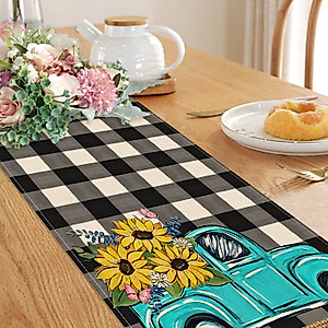 Seliem Happy Spring Blue Truck Table Runner, Black White Buffalo Check Plaid Kitchen Dining Table Decor, Sunflower Floral Flower Seasonal Burlap Farmhouse Home Decoration Party Supply 13 x 72 Inches