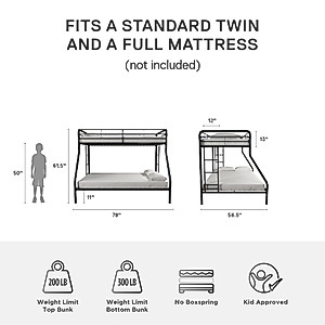 DHP Twin-Over-Full Bunk Bed with Metal Frame and Ladder, Space-Saving Design, Black