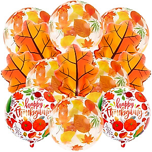KatchOn, Happy Thanksgiving Balloons - Large 27 Inch, Pack of 6 | Big Transparent Fall Balloons - 22 Inch, Pack of 6 | Thanksgiving Foil Balloons | Thanksgiving Balloon Garland Kit, Fall Balloons