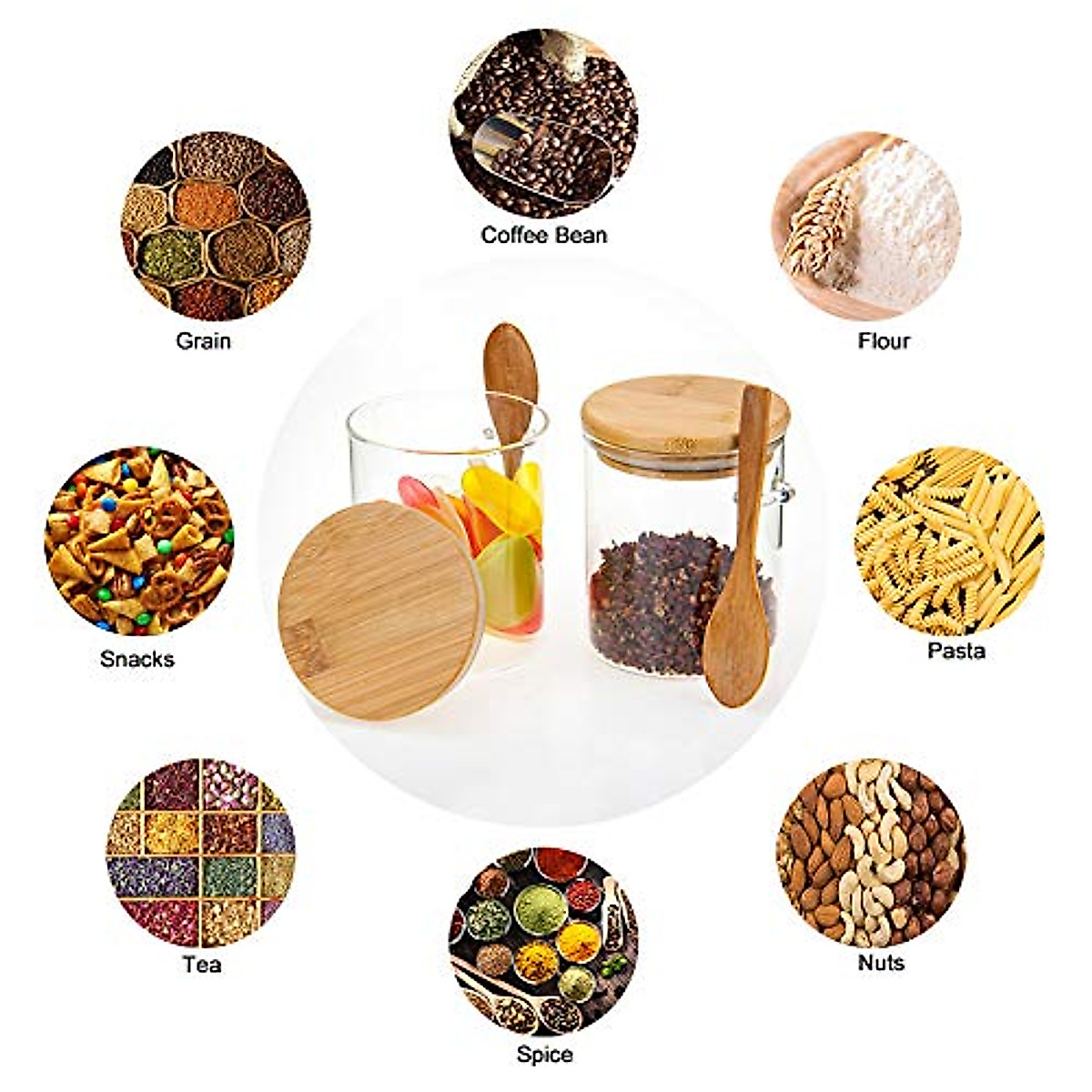 MOLFUJ 15Oz/450ML/1Lb Clear Glass Containers for Pantry with Wooden Spoon, Small Air Tight Food Storage Canister with Bamboo Airtight Lid, Hermetic Covered Kitchen Orgainzation Storage Jars with Scoop
