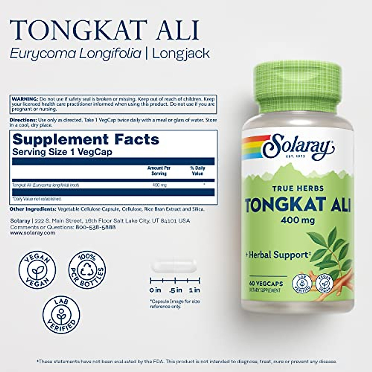 SOLARAY Tongkat Ali 400 mg, Vegan, Longjack Tongkat Ali for Men, Traditional Support for Male Performance, Drive, and Reproductive Health, Natural Energizer, 60 Servings, 60 VegCaps