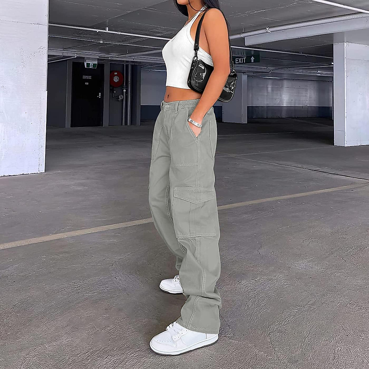 Womens Fall Fashion 2023 High Waisted Cargo Pants Wide Leg Teen Girls Pants Combat Military Trouser Silver Gray