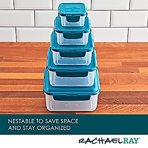 Rachael Ray Leak-Proof Nestable Container Food Storage Bin Set, 10-Piece Square, Teal Lid