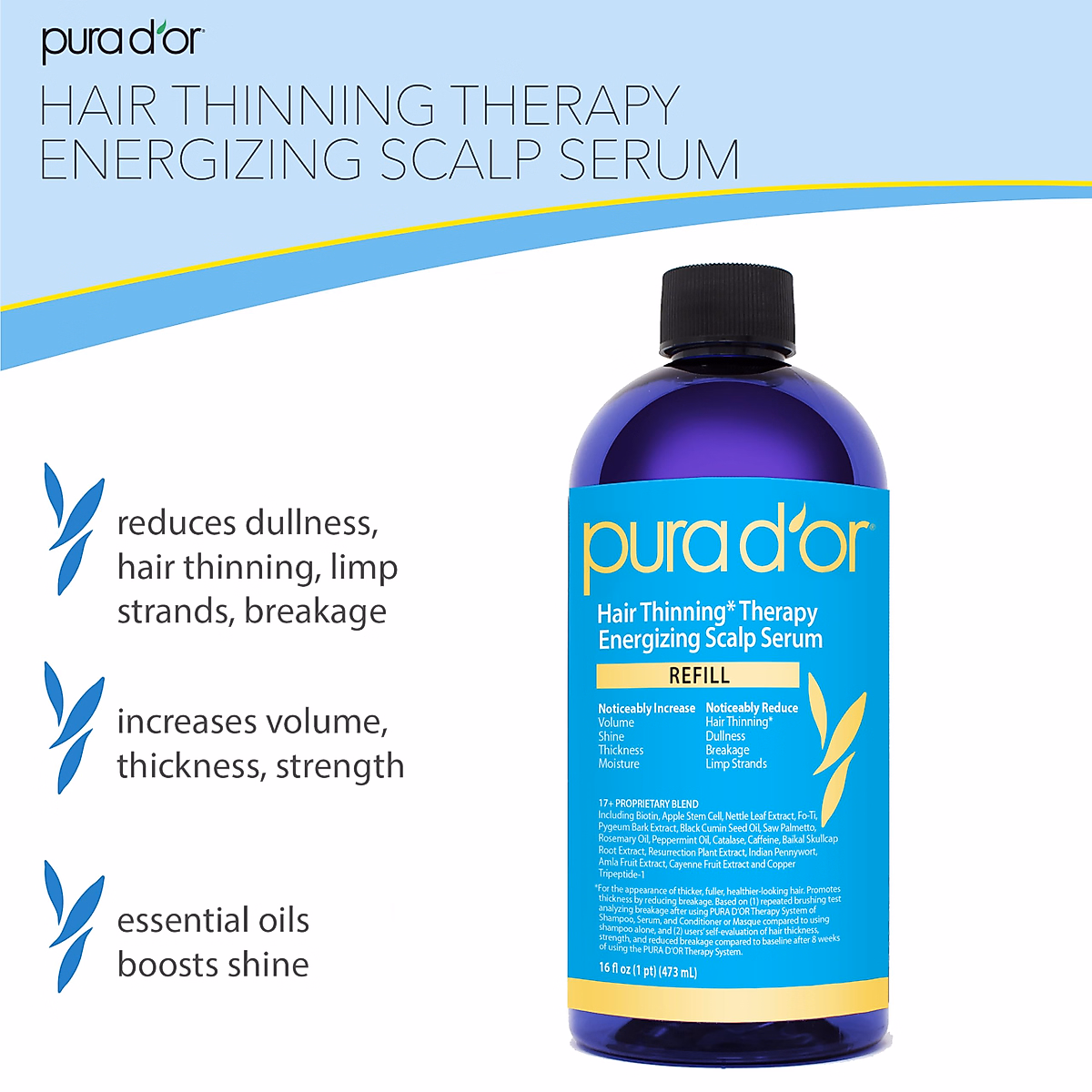 PURA D'OR 16 Oz Hair Thinning Therapy Energizing Scalp Serum Revitalizer - Large Refill Bottle - Argan Oil, Biotin, Caffeine, Stem Cell, Catalase & DHT Blockers, All Hair Types, Men & Women