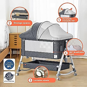 Baby Bassinets Bedside Sleeper, Baby Crib with Wheels, Baby Bed with Mosquito Nets, Adjustable Height Portable Bassinet for Baby with Large Storage Bag, Bassinet for Infant/Baby/Newborn