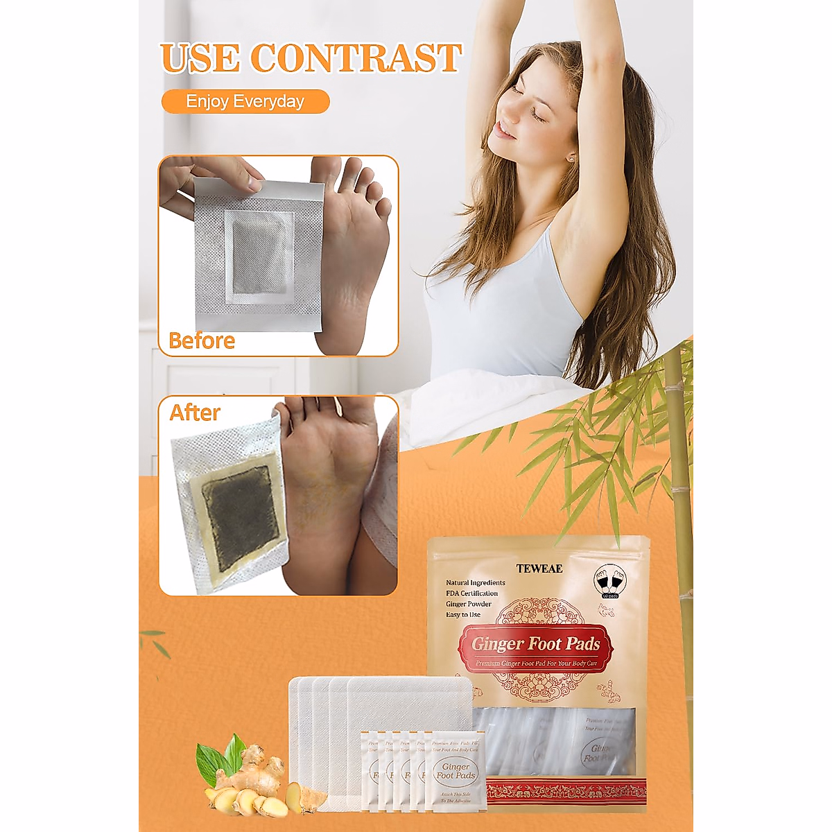 TEWEAE Foot Pads - 60Pads Pure Natural Ginger Powde Bamboo Vinegar Pads, Goodnight Foot Pads for Travel or Home Use