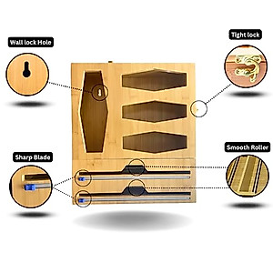 6 in1 Bamboo Ziplock Bag Organizer with Plastic Wrap Dispenser & Cutter – Compact drawer organizer for ziplock bags and foil – Ziplock Bag Storage Organizer for Gallon Quart Sandwich & Snack Bags (1)