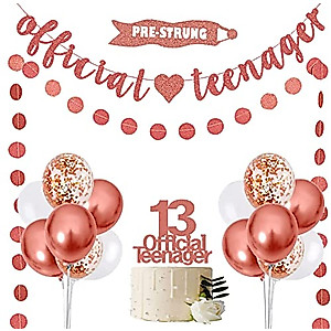 Official Teenager 13th Decorations Rose Gold - Official Teenager Banner Pre-Strung & Official Teenager Cake Topper & Circle Dots Garland & White Rose Gold Confetti Balloons for 13th Birthday Decor