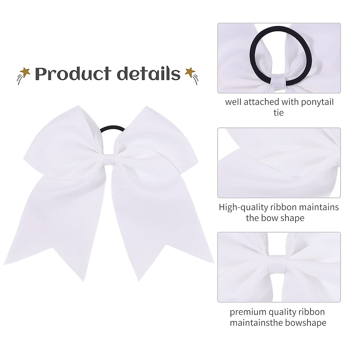 2 PCS 8 Inch Cheer Hair Bows Large Cheerleading Big Hair Bows with Ponytail Holder for Teen Girls-White