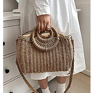 Handmade Woven Straw Handbag Women Summer Trendy Beach Travel Tote Bag Purse