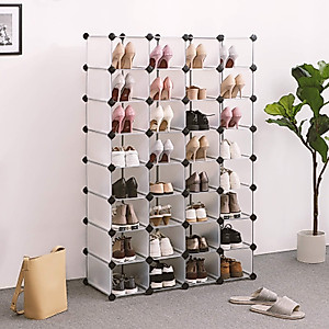 SONGMICS Shoe Rack, Space-Saving 28-Slot Plastic Shoe Storage Organizer Unit, Shoe Cabinet, Ideal for Entryway Hallway Closet Garage, 14.2 x 61.8 x 48 Inches, Transparent ULPC48S