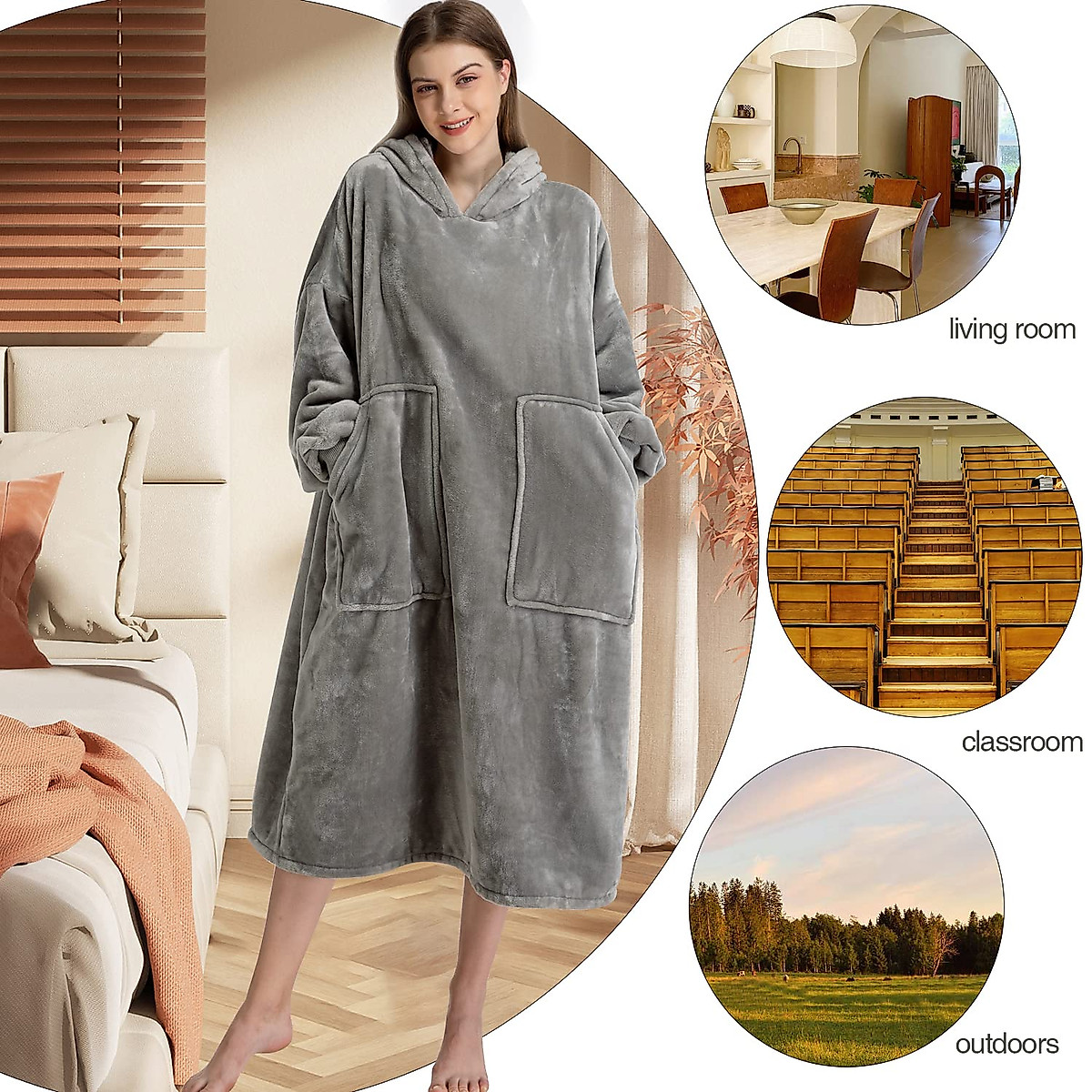Kipswiza Oversized Wearable Blanket Flannel Soft Long Hoodie Blankets for Adults-Light Grey