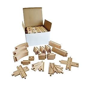 12 Wooden Train Cars, 1 Bonus Crane, 4 Connectors, Locomotive Tank Engines and Wagons for Toy Train Tracks, Compatible with Thomas Wood Toy Railroad Set