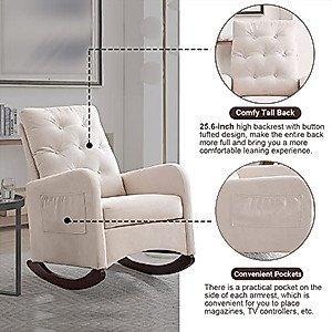 JEEOHEY Nursery Rocking Chair, Modern Upholstered Button Tufted Fabric Rocker Glider Chairs Single Sofa Armchair w/Solid Wood Legs, Side Pockets for Nursery Room, Living Room, Beige