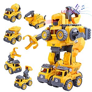 Toy Car Set for Kids 5 in 1 Transform Robot Take Apart Toys Building Toys Excavator Construction Vehicle Robot Toy with Sound and Light Effect for 3 4 5 6 7 8 Olds Boys and Girls Gift