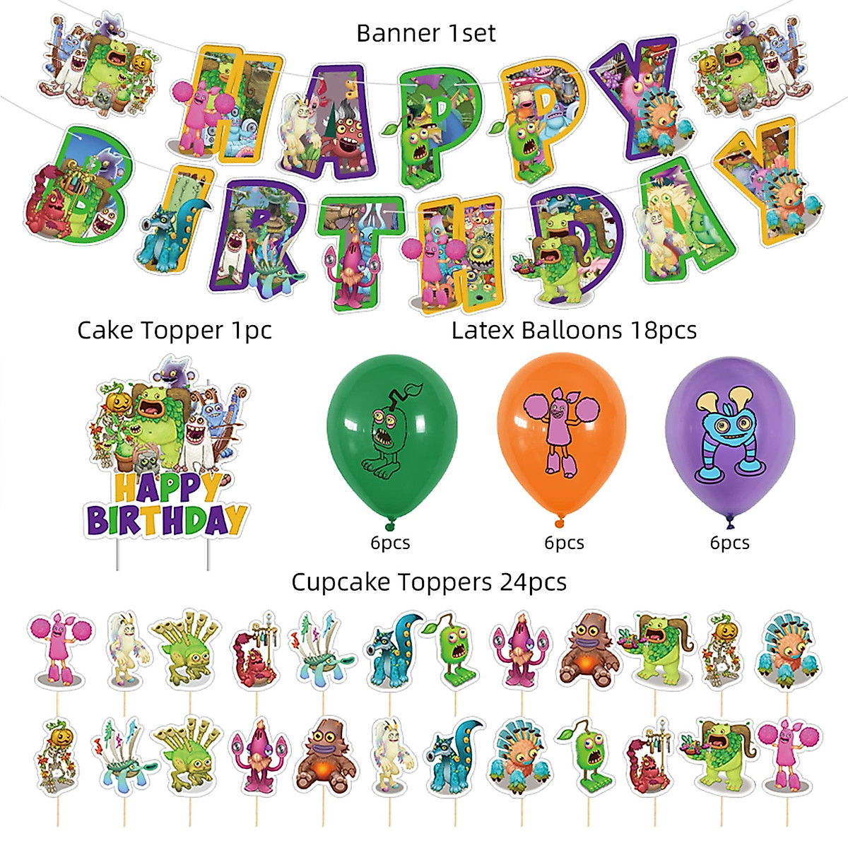 Monsters Birthday Party Decoration Singing Party Supplies Include HAPPY BIRTHDAY Banner Balloons Cake Topper Cupcake Toppers Monsters Party Decoration