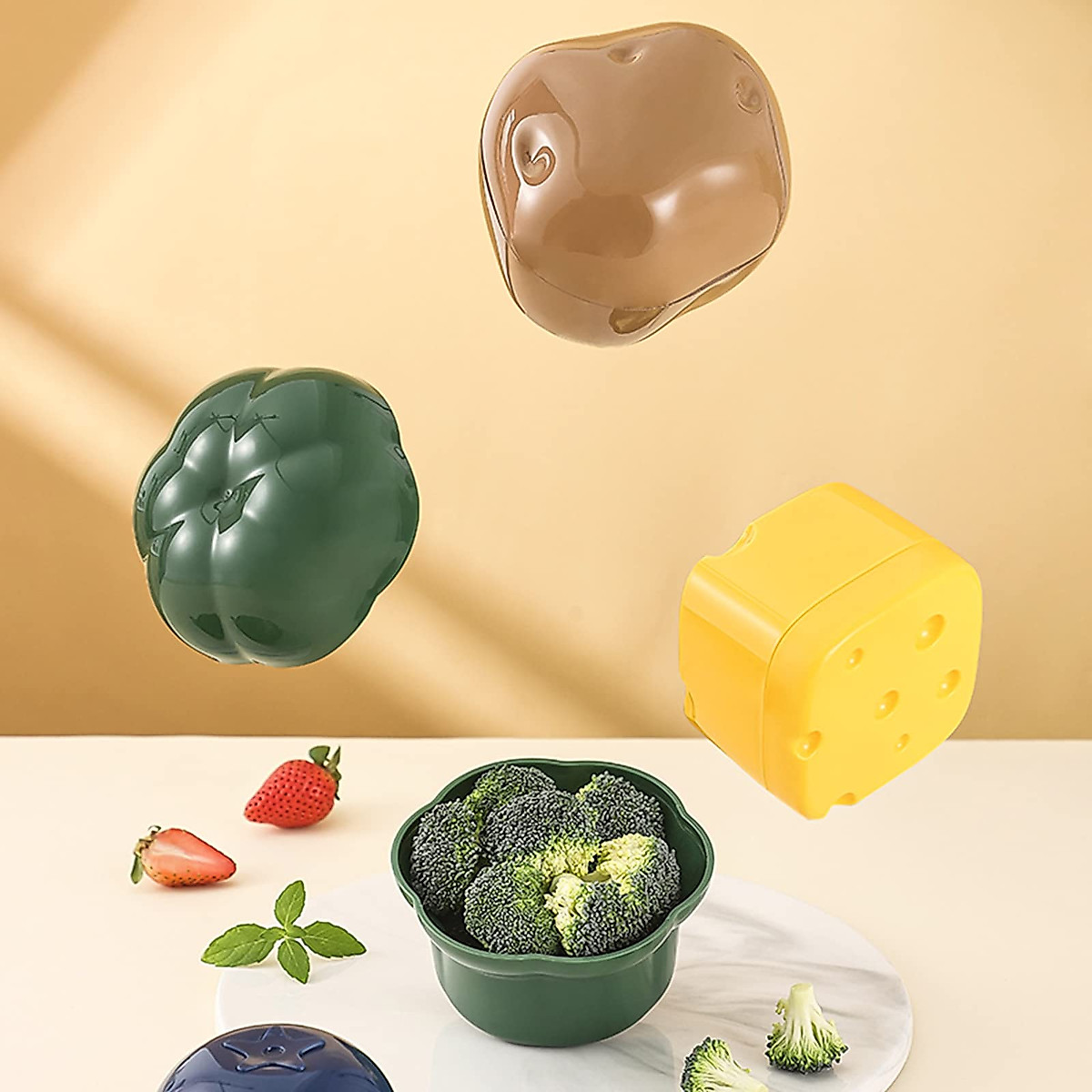 YASYU Fruit and Vegetable Shaped Food Saver Storage Containers for Refrigerator,3pcs Plastic Vegetable Sealed Keeper Fresh Storage Box,Vegetable Crisper- Potato Storage, Broccoli Keeper, Cheese Saver
