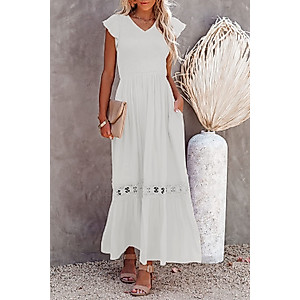 Ferlema Womens Summer Boho V Neck Sleeveless Solid Color Crochet Hem Ruffle A Line Beach Long Maxi Dress White Medium