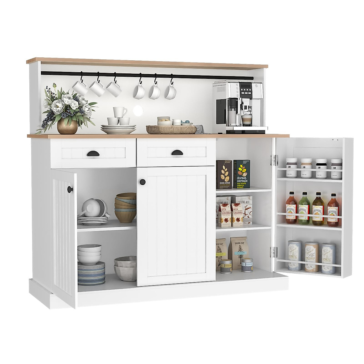 Gyfimoie Sideboard Buffet Cabinet with 2 Drawers, Farmhouse Kitchen Pantry Cabinet with Adjustable Shelves, Coffee Bar Cupboard Cabinet with 3 Doors for Kitchen, Dining Room (White)