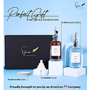 Apothecary Olive Oil Dispenser Bottle For Kitchen - Free Spout, 40 labels & Funnel - Coffee Syrup Dispenser Bottle, Glass Cooking Oil And Vinegar Dispenser Set Container, Pitcher, Cruet, Silver