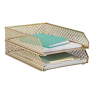 Blu Monaco Gold Desk Organizer Stackable Paper Tray Set of 2 - Metal Two Tier Tray - Stackable Letter Tray - Inbox Tray for Desk