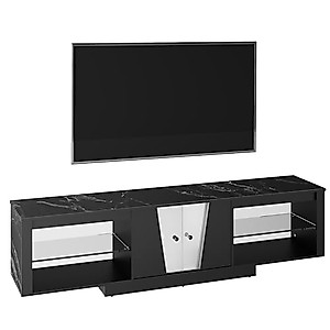 HOME BI TV Stand with LED Lights for TVs up to 70 inch, Entertainment Center with Glass Shelves and Two Cabinets, Console TV Stand for Living Room, 22 RGB Modes, Black