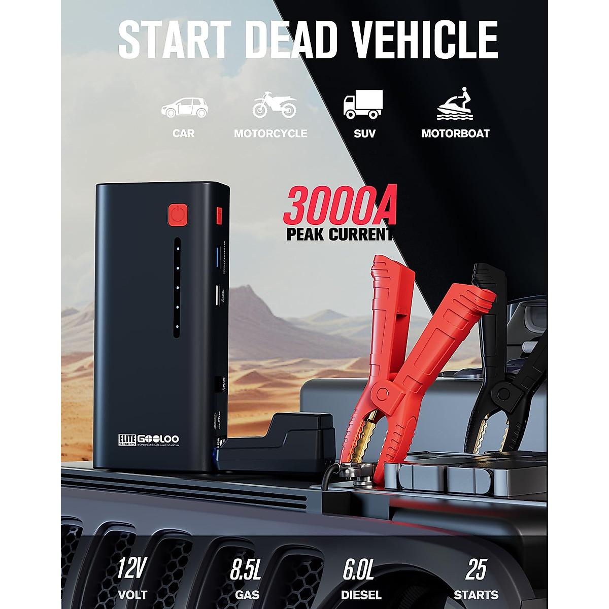 GOOLOO Jump Starter 3000A Peak Car Jumper Starter 12V SuperSafe Lithium Jump Box, Battery Booster Pack, Portable Car Battery Charger, and Jumper Cables for Up to 8.5L Gas or 6.0L Diesel Engine